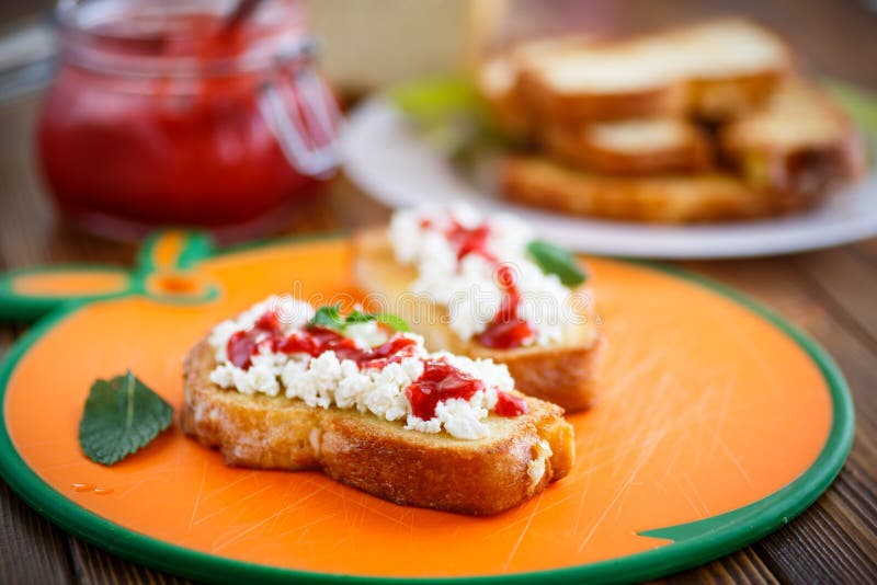 Fried in Batter Toast with Cream Cheese and Jam Stock Image - Image of ...