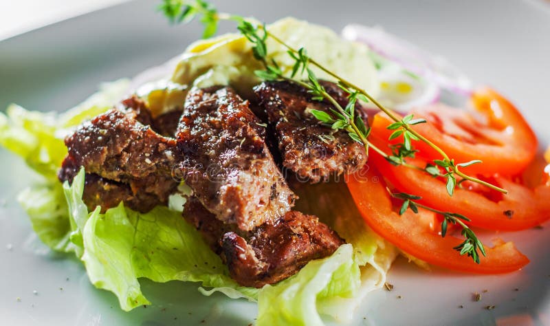 Fried Beef Piece Fillet with Vegetables Salad Stock Image - Image of ...