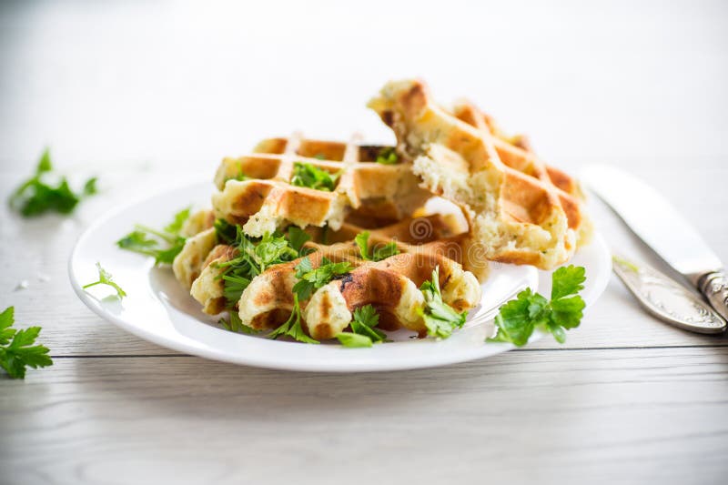 Fried Belgian Vegetable Waffles with Spices and Herbs Stock Photo ...