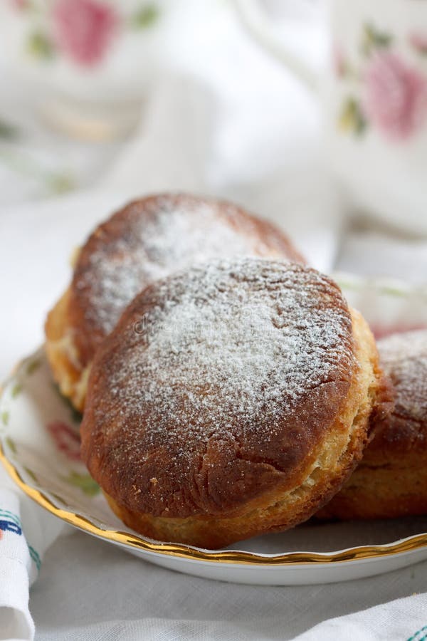 Fried berliners stock image. Image of cream, plate, doughnut - 26148181