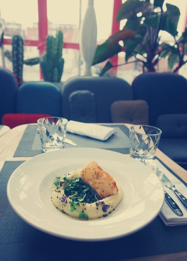 Fried Black Cod Fillet on Restaurant Table Stock Photo - Image of mash ...