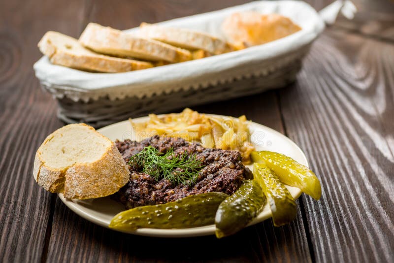 Fried Black Pudding with Additions and Bread Stock Image - Image of ...