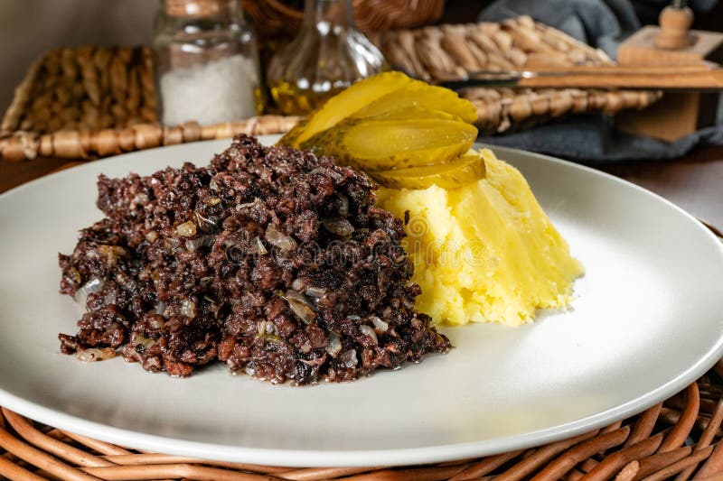 Fried Black Pudding with Mashed Potatoes Stock Image - Image of potato ...