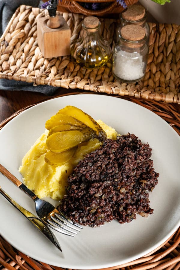 Fried Black Pudding with Mashed Potatoes Stock Photo - Image of organs ...