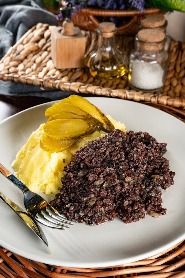 Fried Black Pudding with Mashed Potatoes Stock Photo - Image of ...