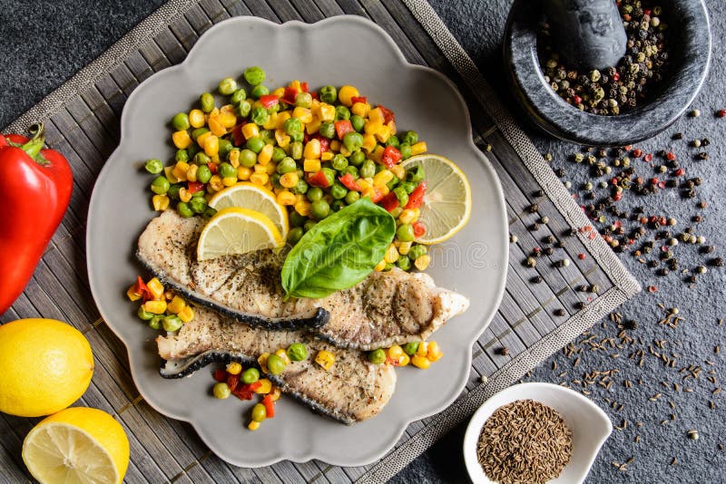 Fried Blue Shark with Steamed Vegetable Stock Photo - Image of cuisine ...