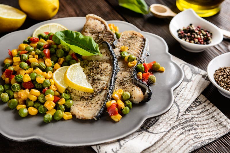 Fried Blue Shark with Steamed Vegetable Stock Image - Image of healthy ...