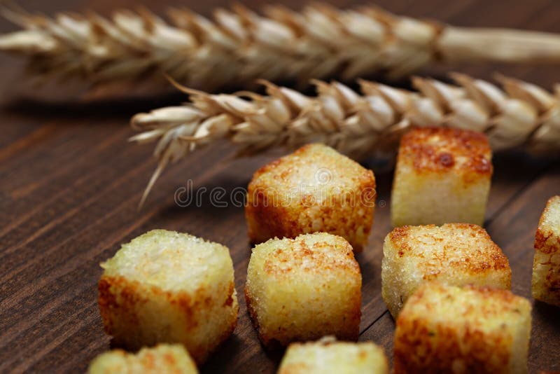 Fried Bread Cut into Cubes Cooking. Stock Photo - Image of crisp, baked ...