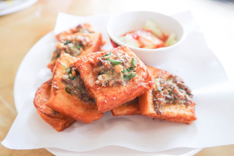 Fried Bread with Minced Pork Spread, Deep Fried Bread with Pork Topping ...