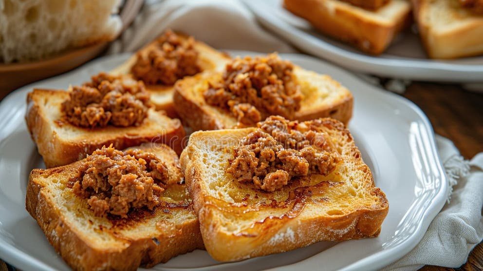 Fried Bread with Minced Pork Spread in a White Plate Placed on the ...