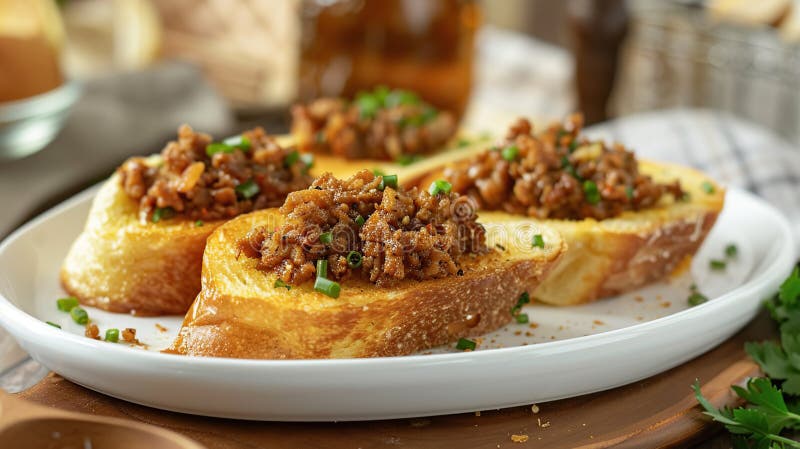 Fried Bread with Minced Pork Spread in a White Plate Placed on the ...