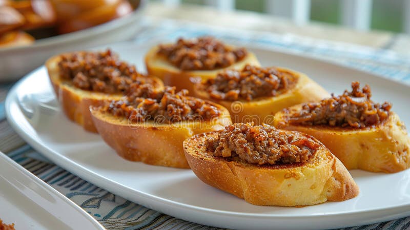 Fried Bread with Minced Pork Spread in a White Plate Placed on the ...
