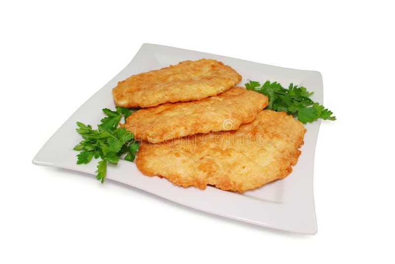 Fried Breaded Chicken Fillet in a Dish Isolated Against White ...