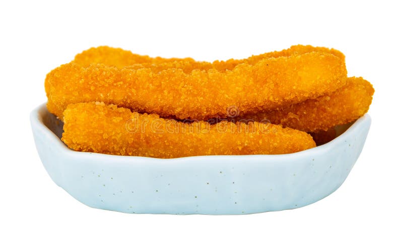 Fried Breaded Chicken Sticks in Blue Bowl Isolated on White. Side View ...