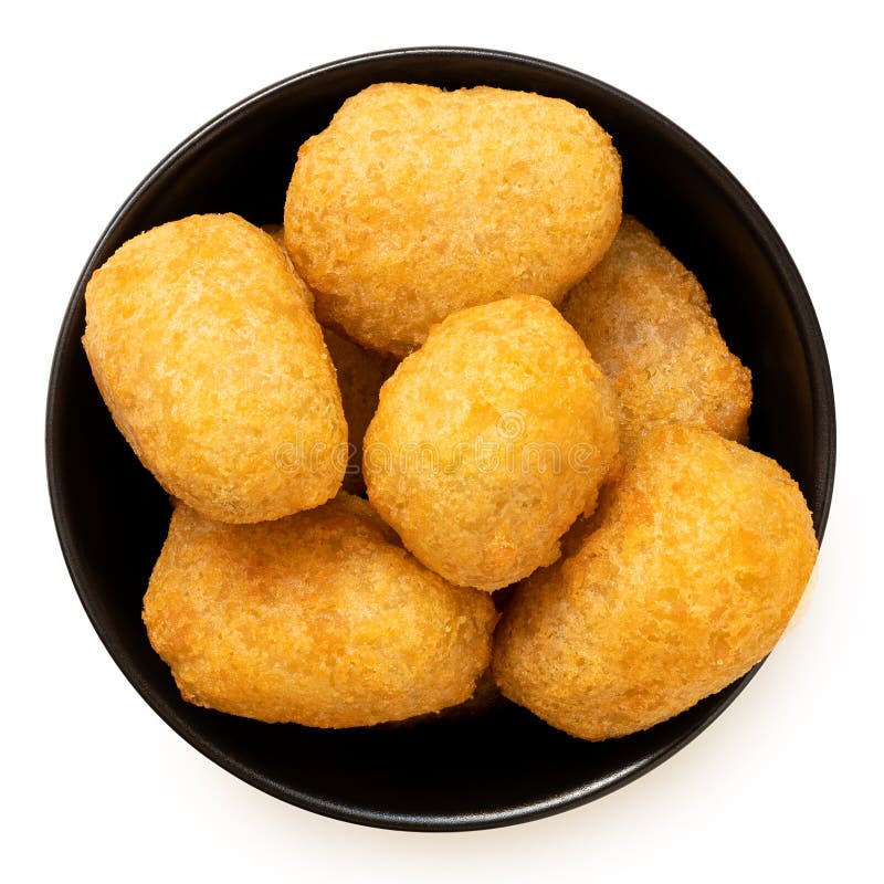 Fried Breaded Chilli Cheese Nuggets in a Black Ceramic Bowl Isolated on ...