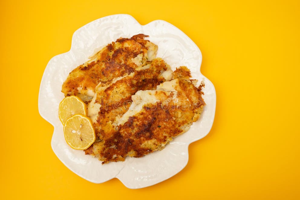 Fried Breaded Fish Fillets on White Beautiful Plate Stock Photo - Image ...