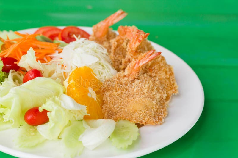 Fried Breaded Prawn Milanese with Salad Stock Photo - Image of tomatoes ...