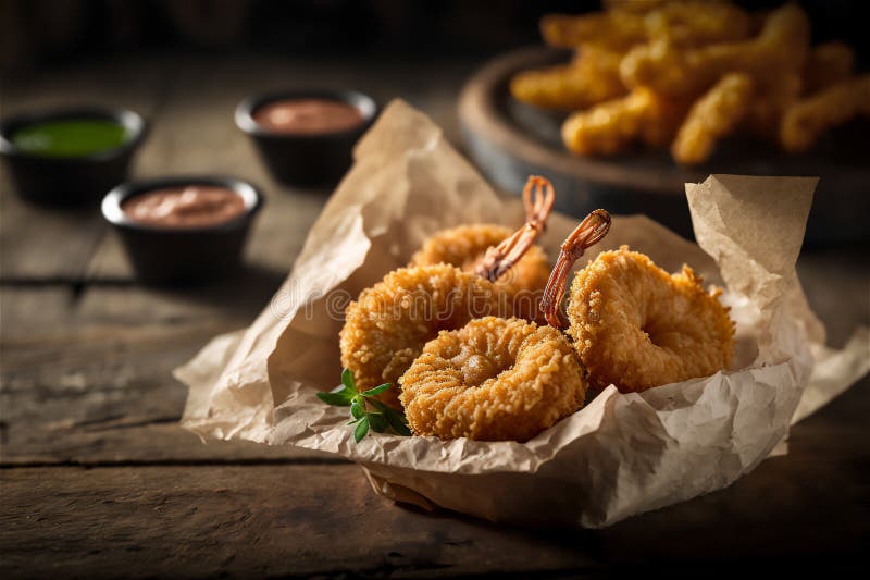 Fried Breaded Shrimp on Rustic Wooden Table. Delicious Seafood Stock ...
