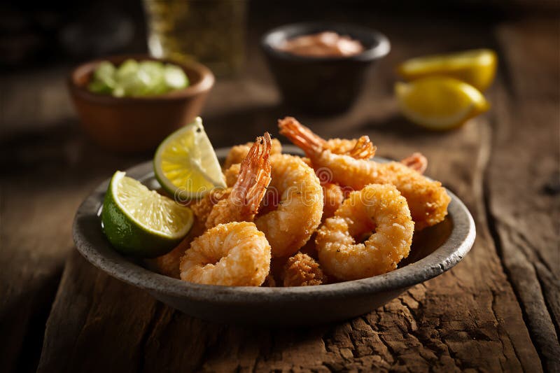 Fried Breaded Shrimp on Rustic Wooden Table. Delicious Seafood Stock ...