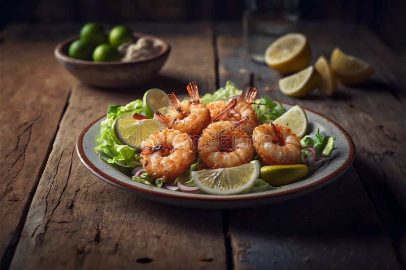 Fried Breaded Shrimp on Rustic Wooden Table. Delicious Seafood Stock ...