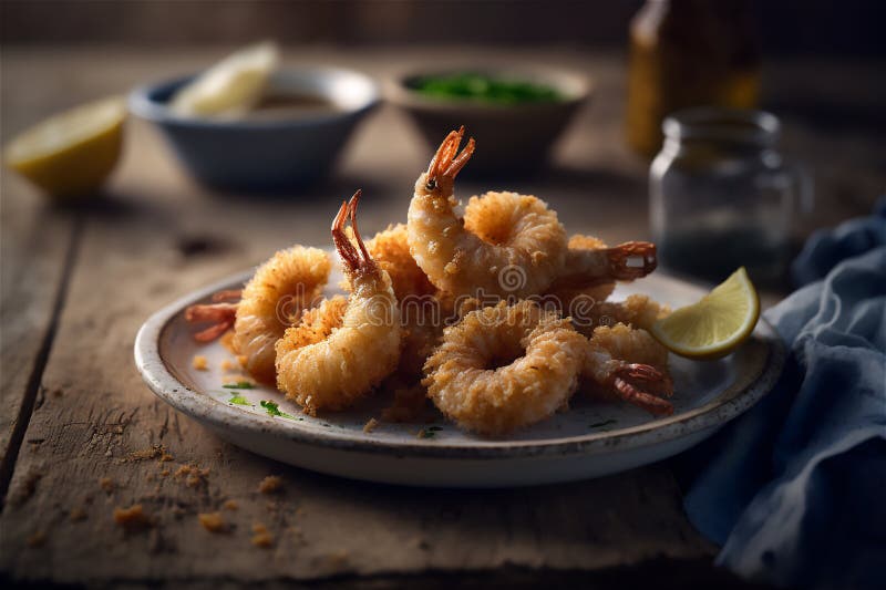 Fried Breaded Shrimp on Rustic Wooden Table. Delicious Seafood Stock ...