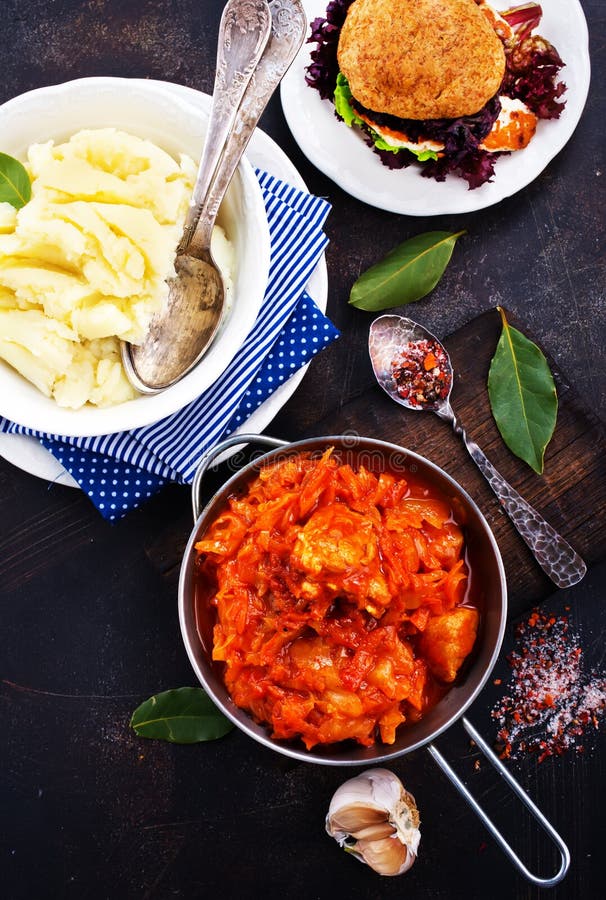 Fried Cabbage and Mashed Potato Stock Photo - Image of piece, bottle ...