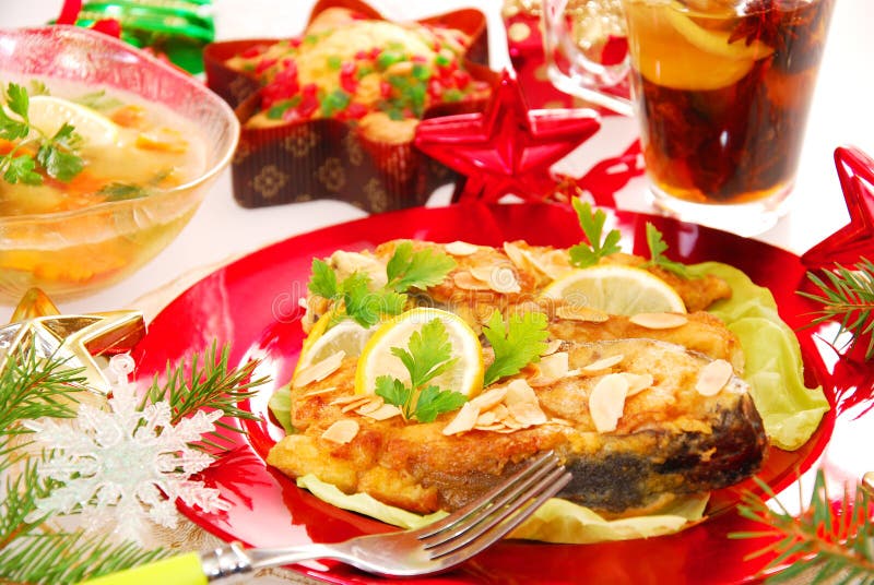 Fried Carp with Almonds for Christmas Stock Image - Image of lettuce ...