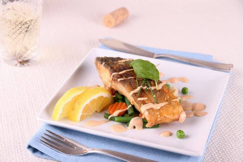 Fried Carp Fish Fillet with Vegetables, Wine Stock Image - Image of ...