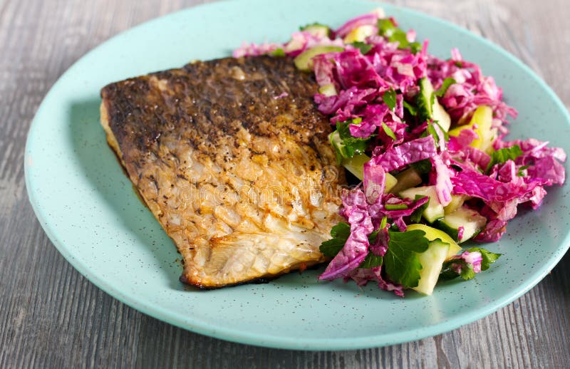 Fried Carp Fish with Salad Served Stock Photo - Image of fillet, savory ...