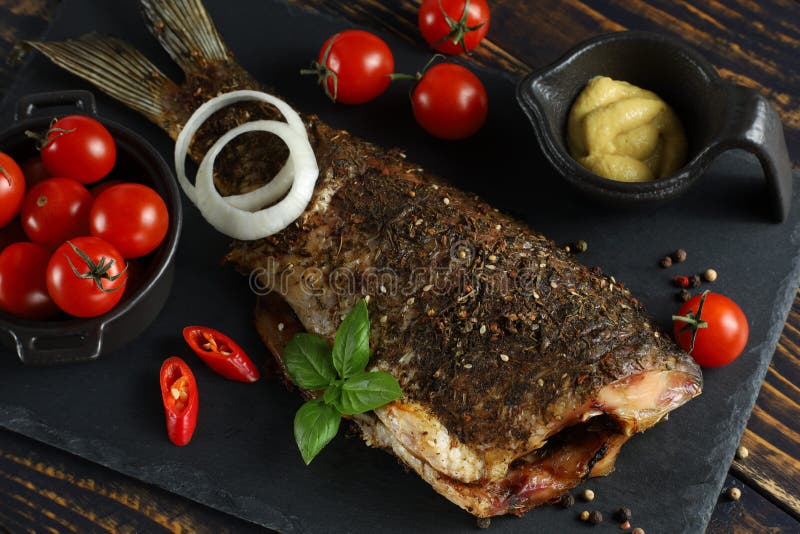 Fried Carp Fish on the Table. Served Fried Carp Stock Image - Image of ...