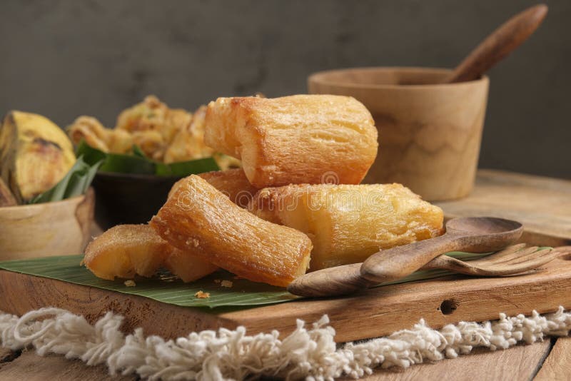Fried Cassava Served on Wooden Table Stock Image - Image of photograph ...