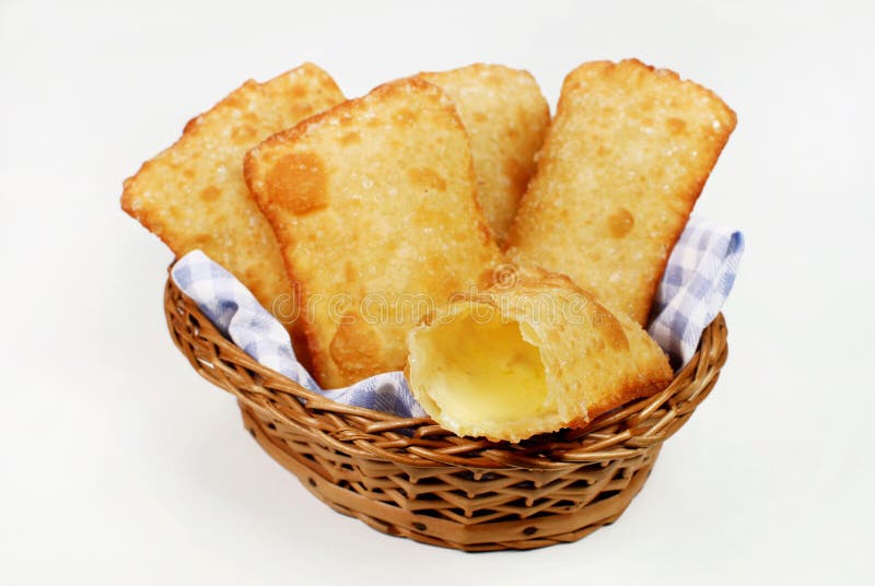 Fried Cheese Pastel in Basket in White Background with One Open Stock ...
