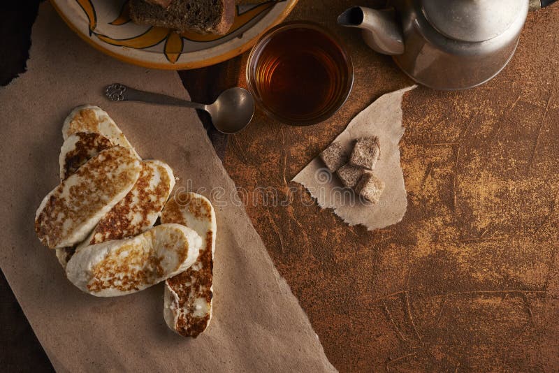 Fried cheese and tea stock photo. Image of halumi, freshness - 173647938