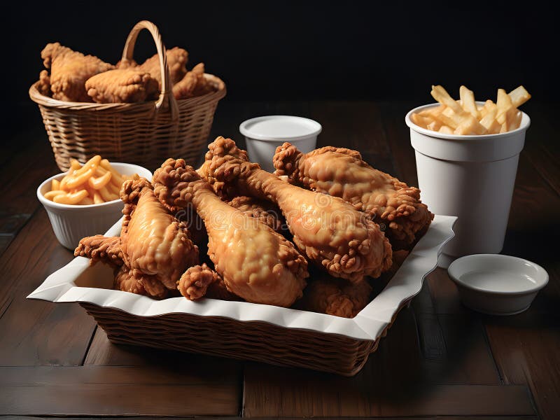 Fried Chicken in Basket Dark Blurred Background Stock Illustration ...