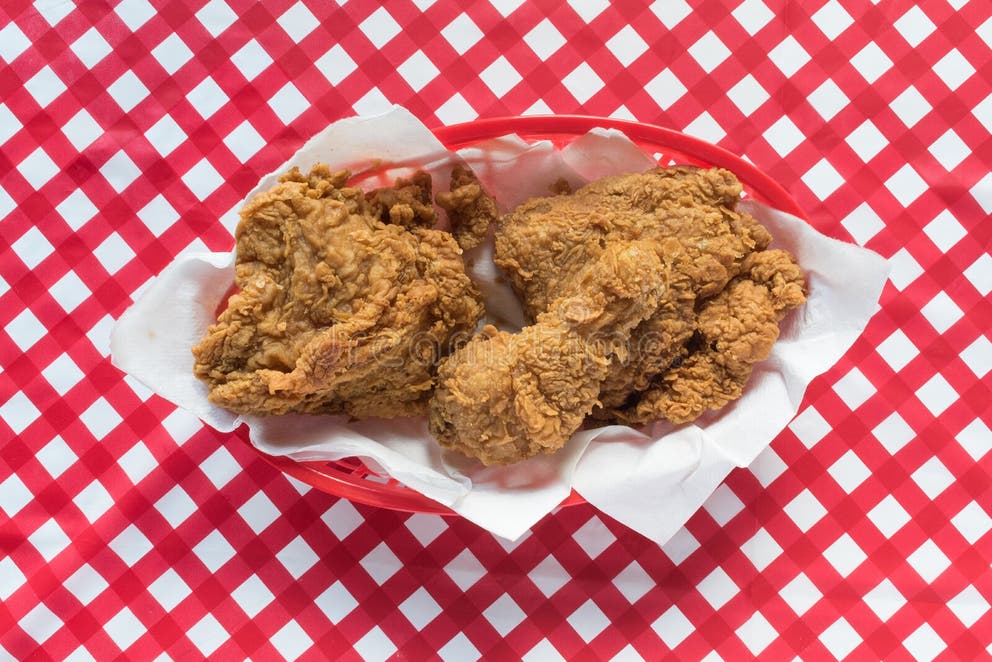 Fried Chicken Basket on Red Checkerboard Tablecloth in Center Stock ...