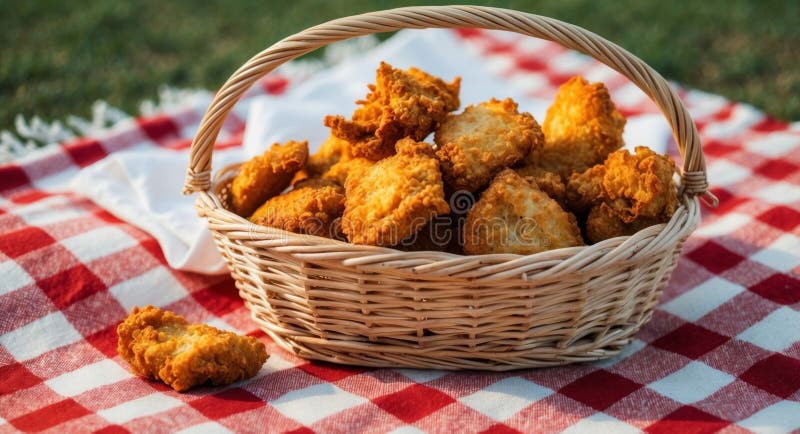 Fried Chicken Bites in Wicker Basket on Red Checkered Picnic Blanket ...