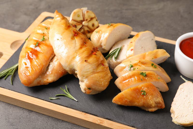 Fried Chicken Breasts and Sauce Served on Board Stock Image - Image of ...