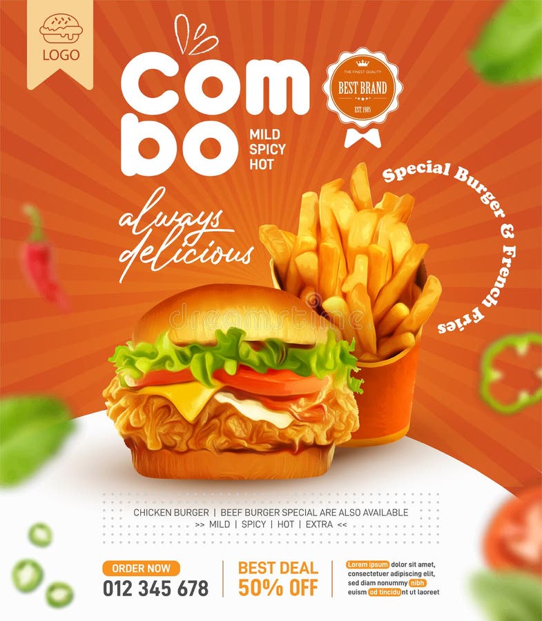 Fried Chicken Burger and Fries Social Media Post Design Template Stock ...
