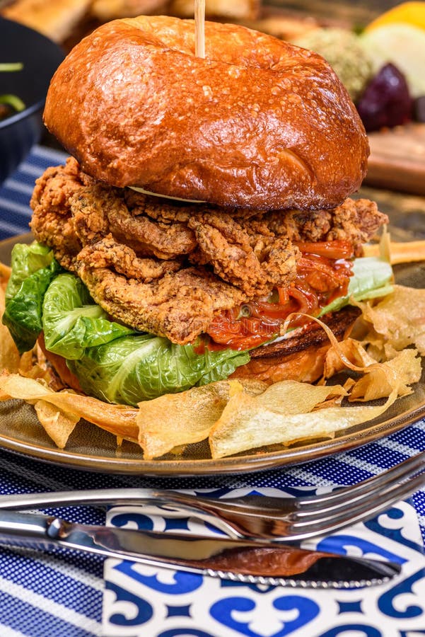 A fried chicken burger stock photo. Image of hamburgers - 187311686