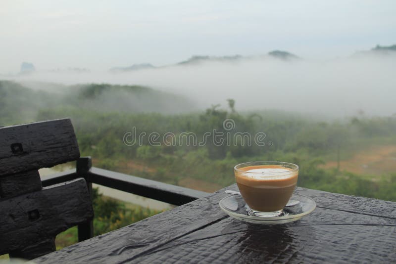 Fried Chicken with Coffee and Mountain View in the Morning Stock Image ...