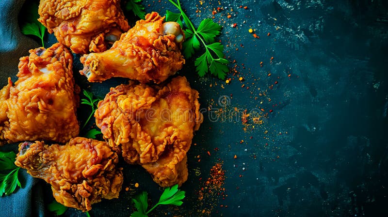 Fried Chicken on a Dark Background, Top View Stock Illustration ...