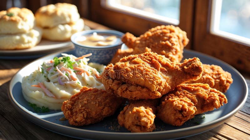 Fried Chicken Delight with Coleslaw and Biscuits on a Rustic Table ...