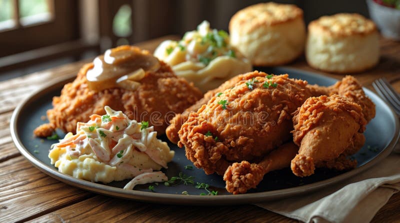 Fried Chicken Delight with Mashed Potatoes and Biscuits on a Rustic ...