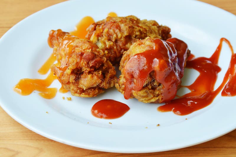 Fried Chicken Dressing Ketchup and Chili Sauce on White Dish Stock ...