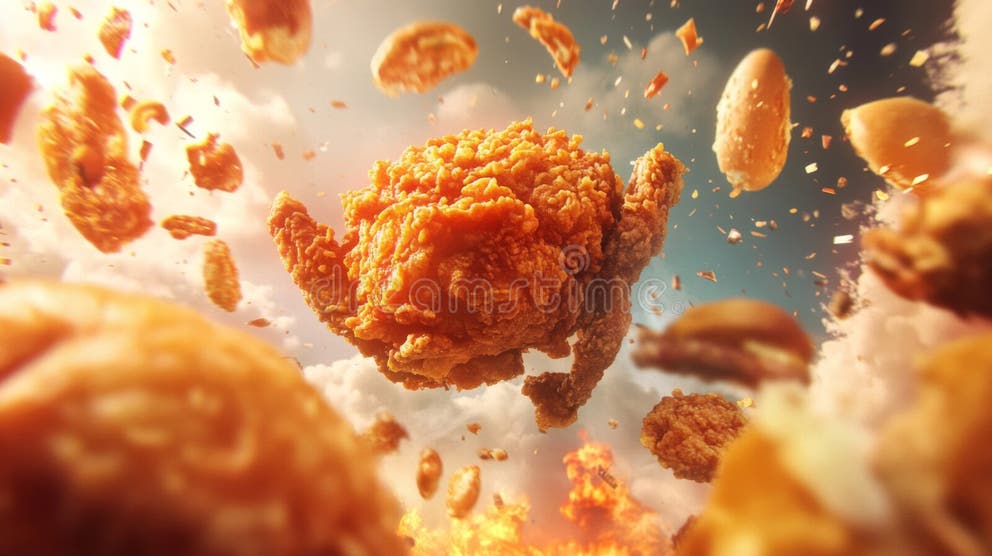 Fried Chicken Explosion with Bread and Bun Stock Illustration ...