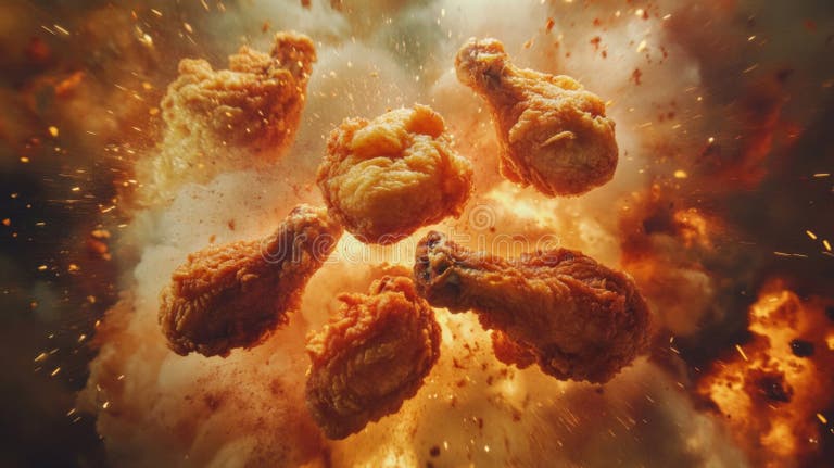 Fried Chicken Explosion: Golden Brown Pieces in Dramatic Motion Stock ...