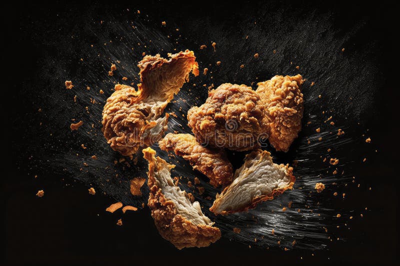 Fried Chicken, Fast Food, Chicken Pieces Dark Black Background, Stock ...
