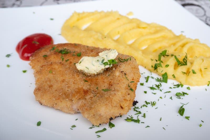 Fried Chicken Fillet in Batter with Sauce and Mashed Potatoes. Top View ...