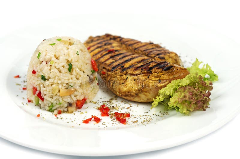 Fried Chicken Fillet, White Rice and Vegetables Stock Image - Image of ...