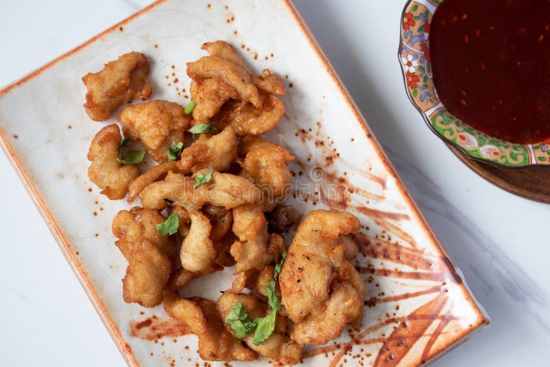 Fried Chicken with Fish Sauce with Chili Sauce and Son Kochujang Stock ...